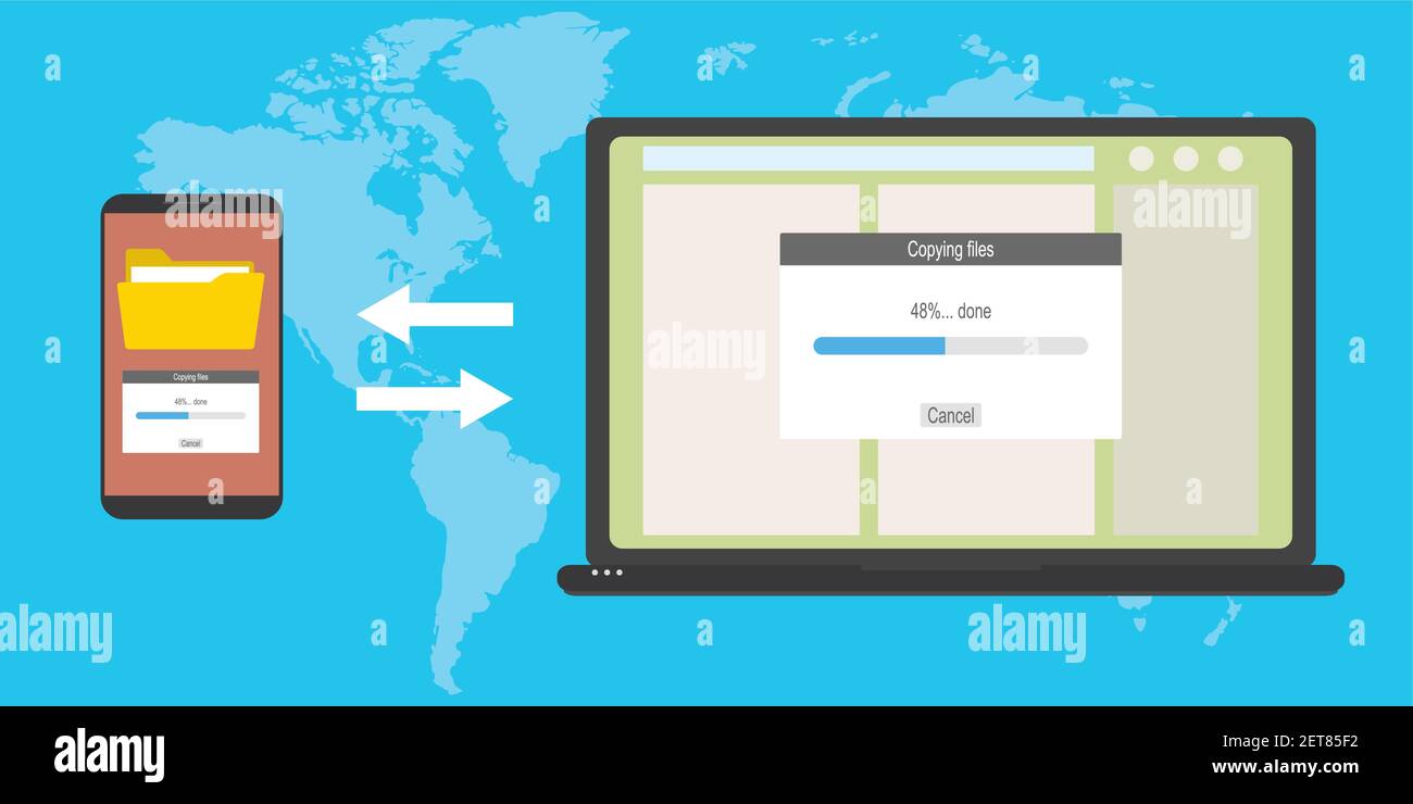 Laptop and modern smart phone,data transfer between devices, file ...