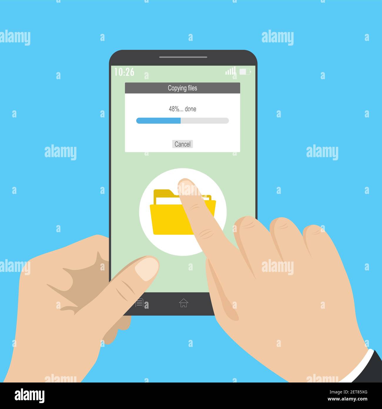 Hand holding modern smartphone and transferred or loading documents and ...