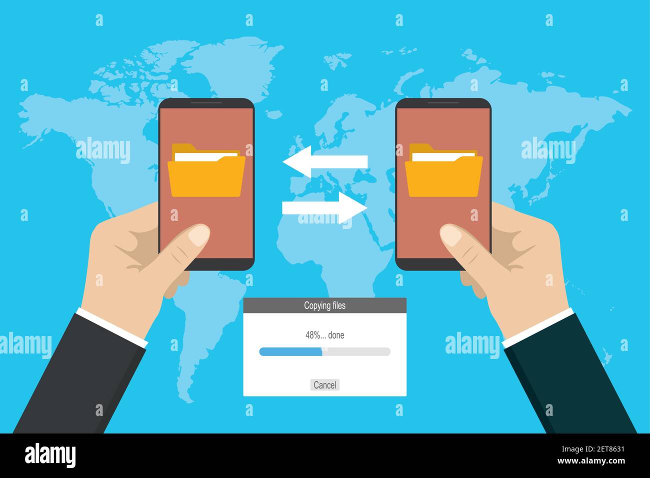 Two hands holding modern smart phones and transferred documents, file ...