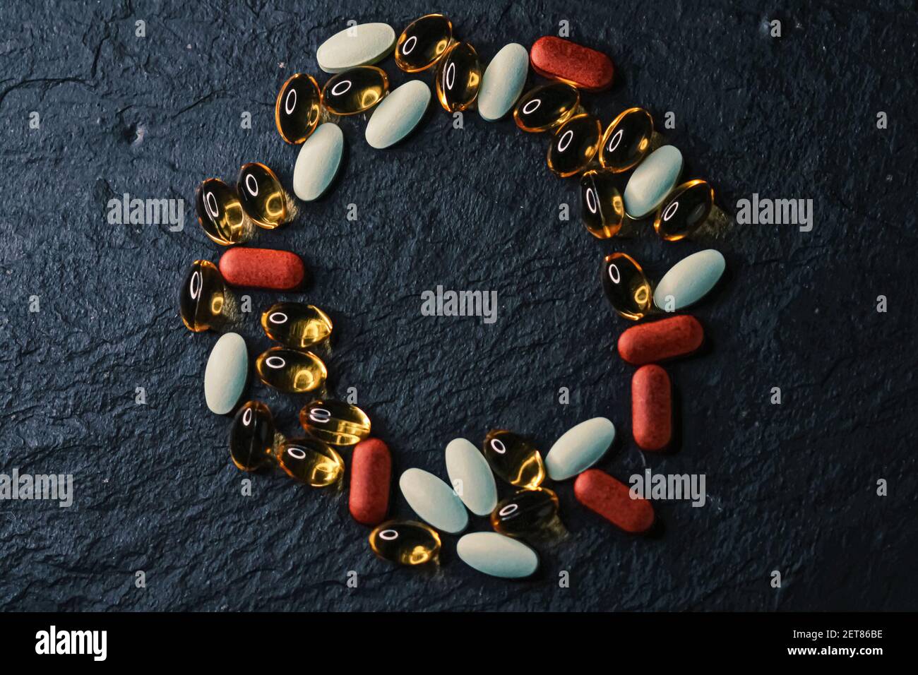 Frame made of medical pills as flatlay background, health and wellness ...