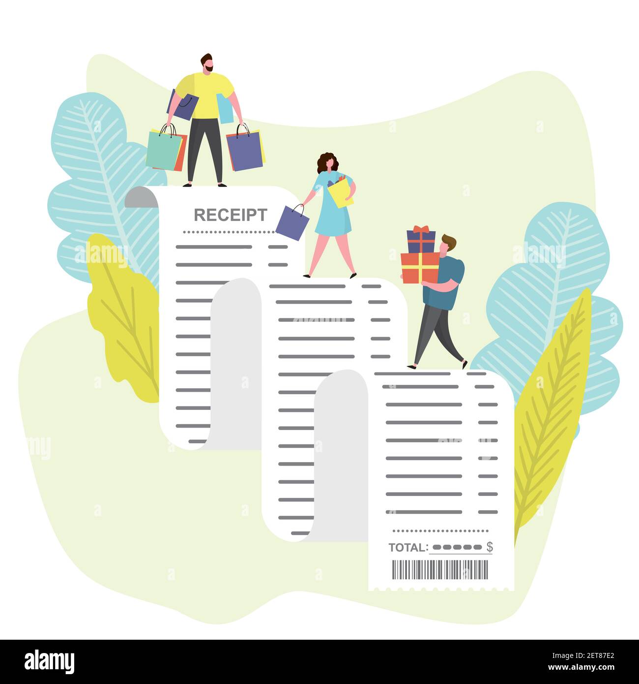 Receipt bill and shopping people with shopping bags and gifts, long ...