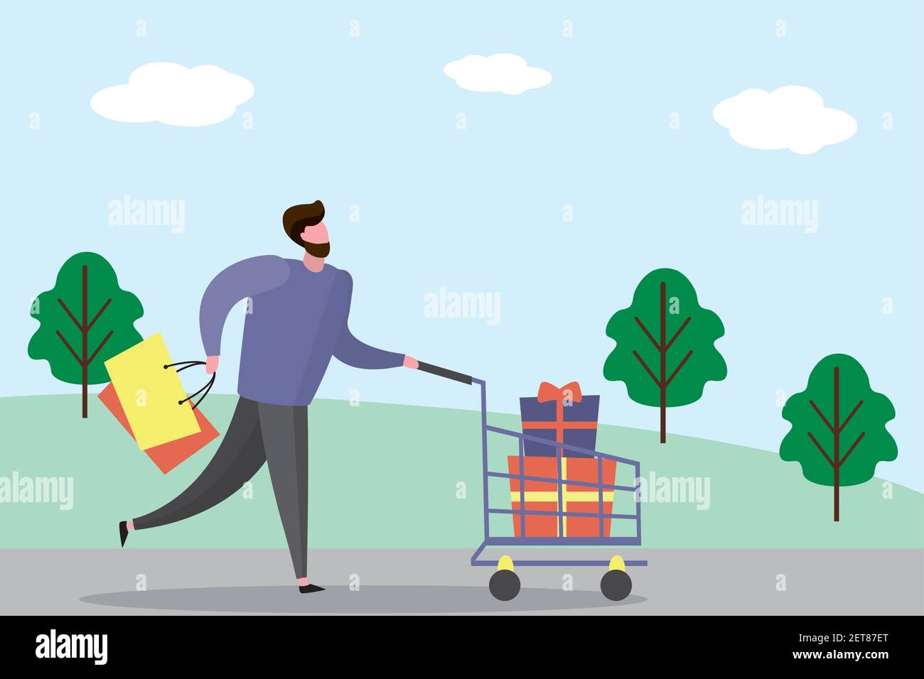 Happy man after shopping.Male with shopping trolley,trendy style design ...