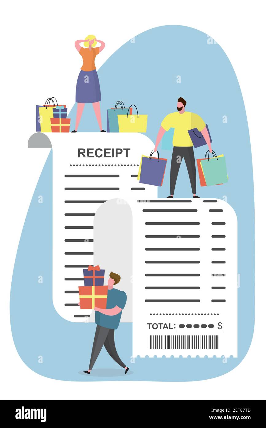 Receipt bill and shopping people with gifts,shopping bags.Sale and ...