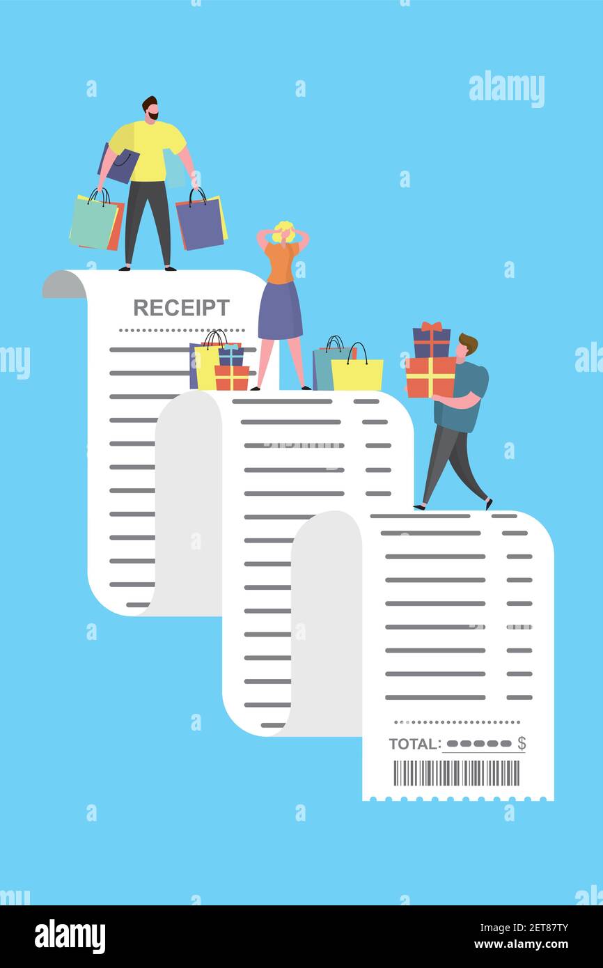 Receipt bill and shopping people with shopping bags, long paper invoice ...
