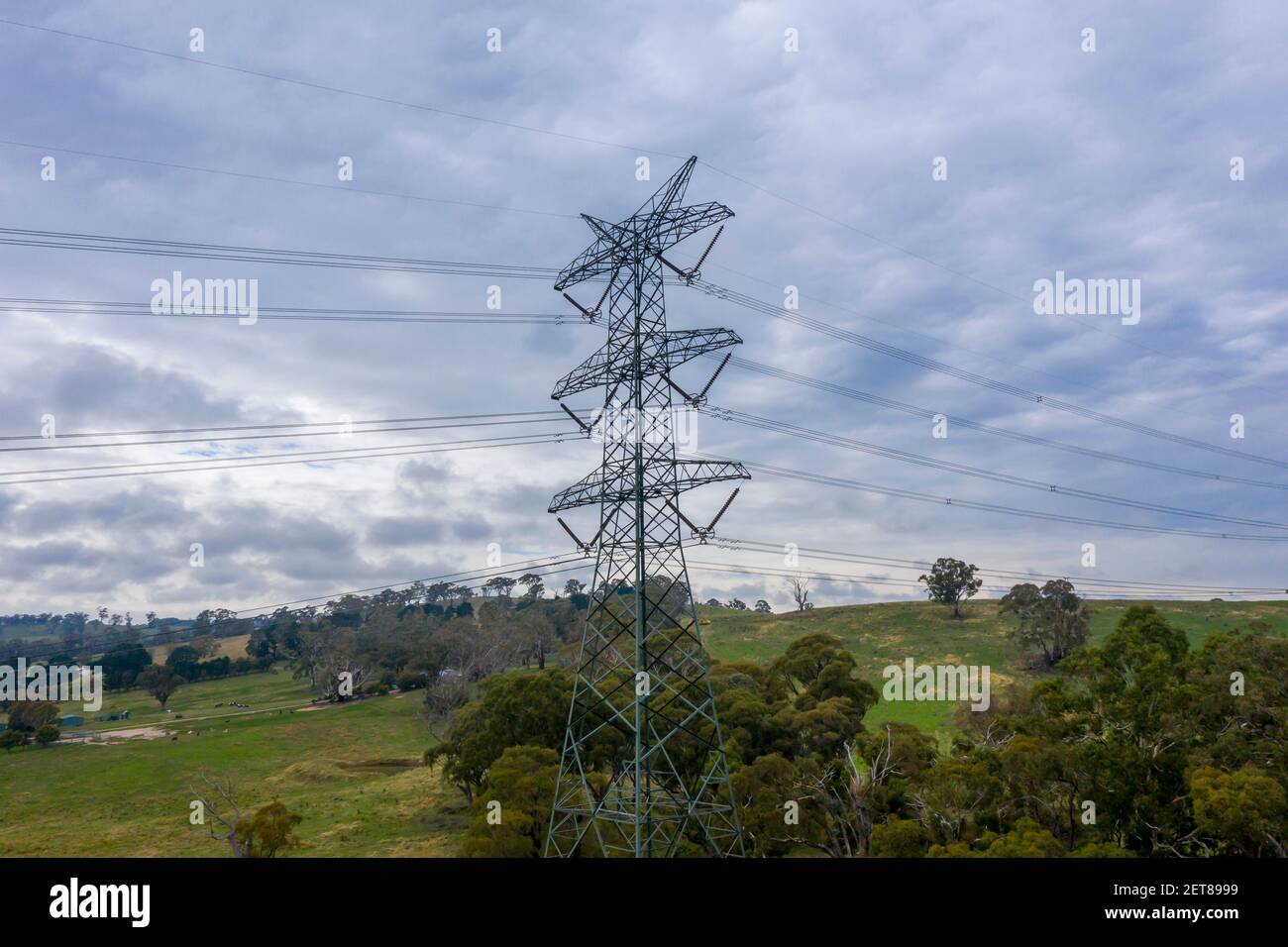 Aerial view of a steel electrical Transmission Tower and the associated ...