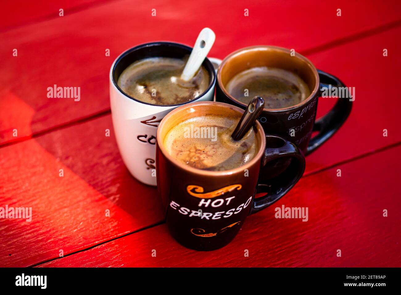 Cup of fresh made coffee on wooden background Stock Photo - Alamy