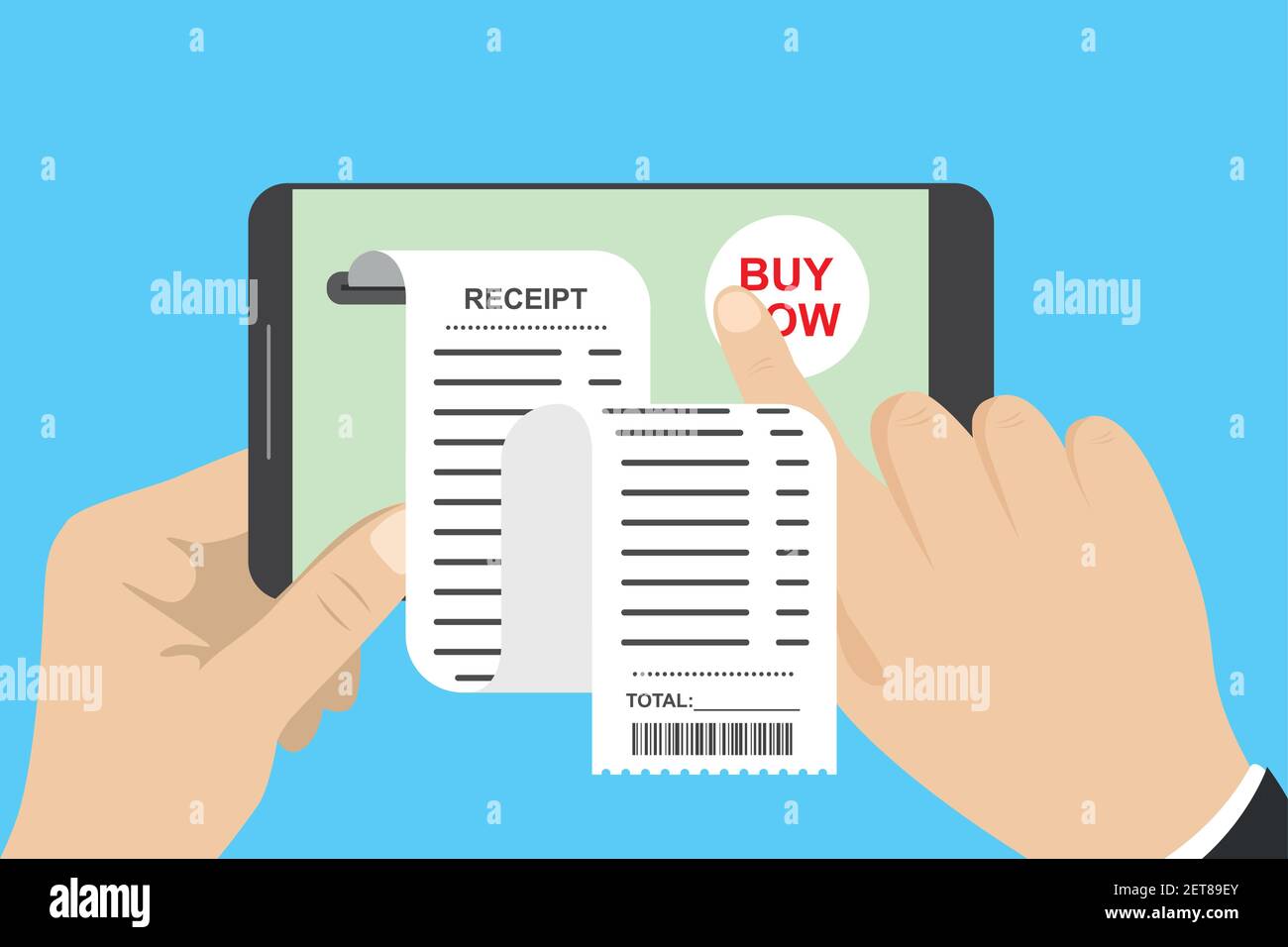 Hand holding Modern smartphone and Receipt bill on screen, long paper ...