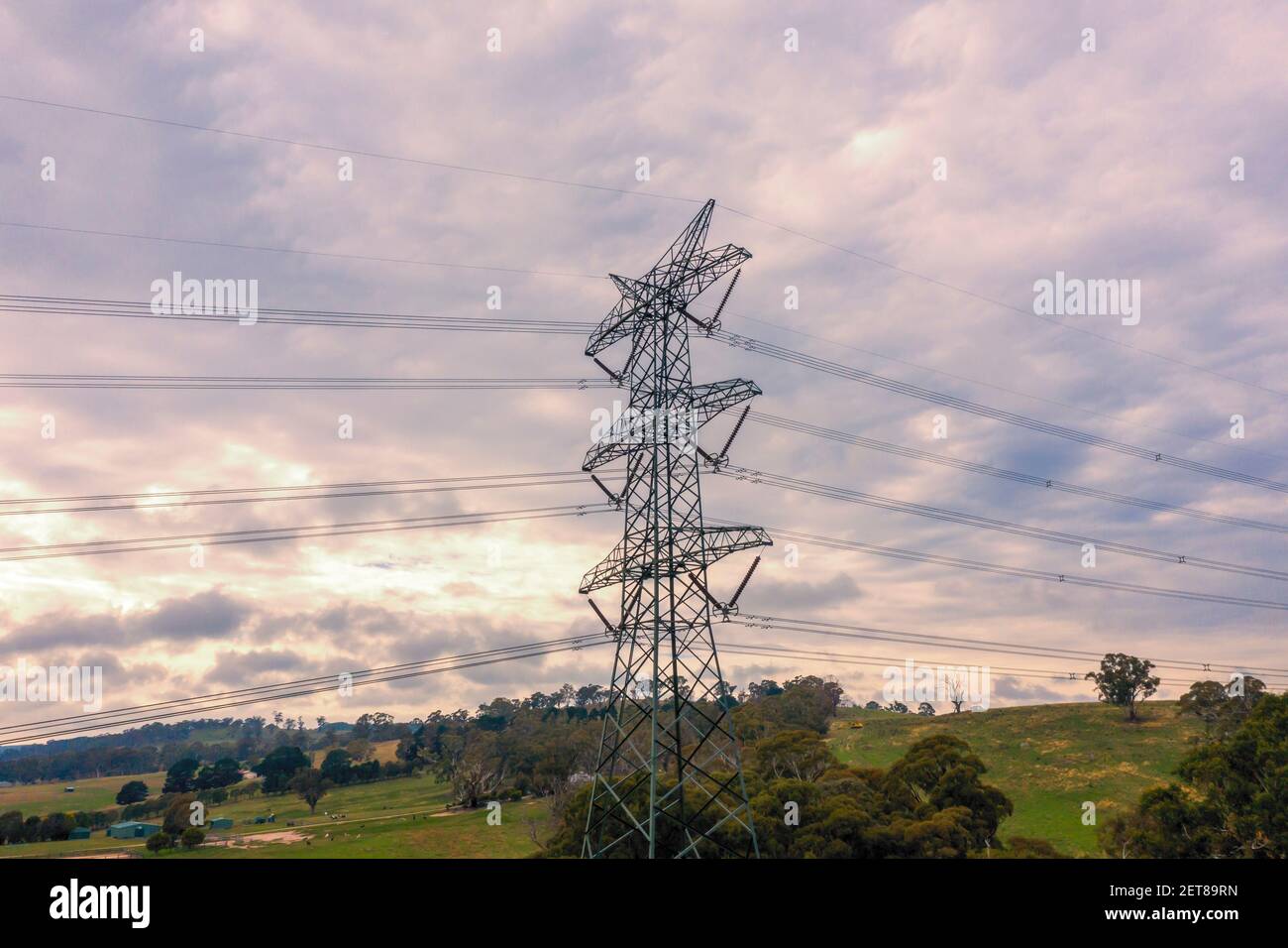 Aerial view of a steel electrical Transmission Tower and the associated ...