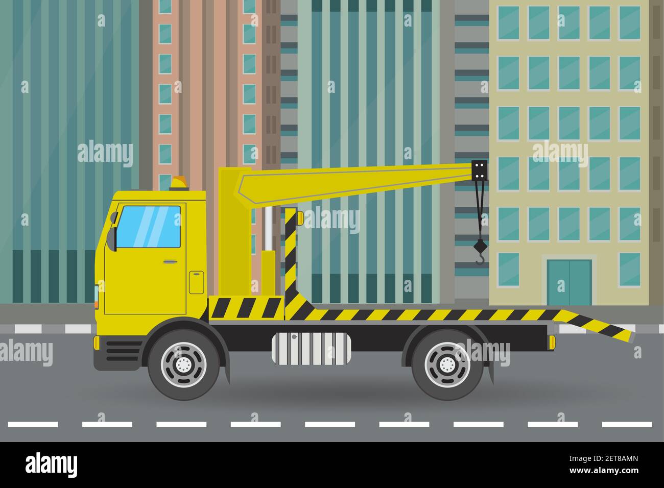 Tow truck on road,side view.Buildings on background.Flat Vector ...