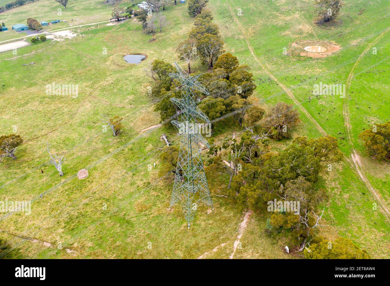 Aerial view of a steel electrical Transmission Tower and the associated ...