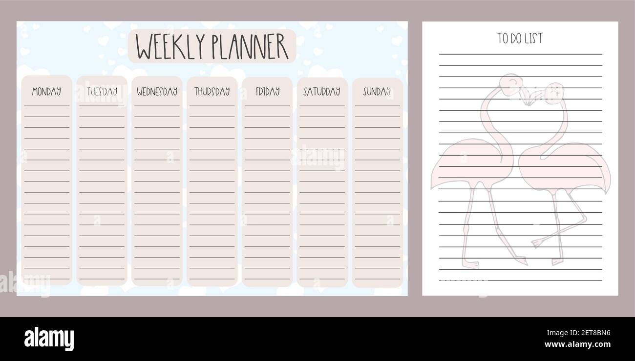 Weekly planner with hearts and to do list with cute flamingo couple ...