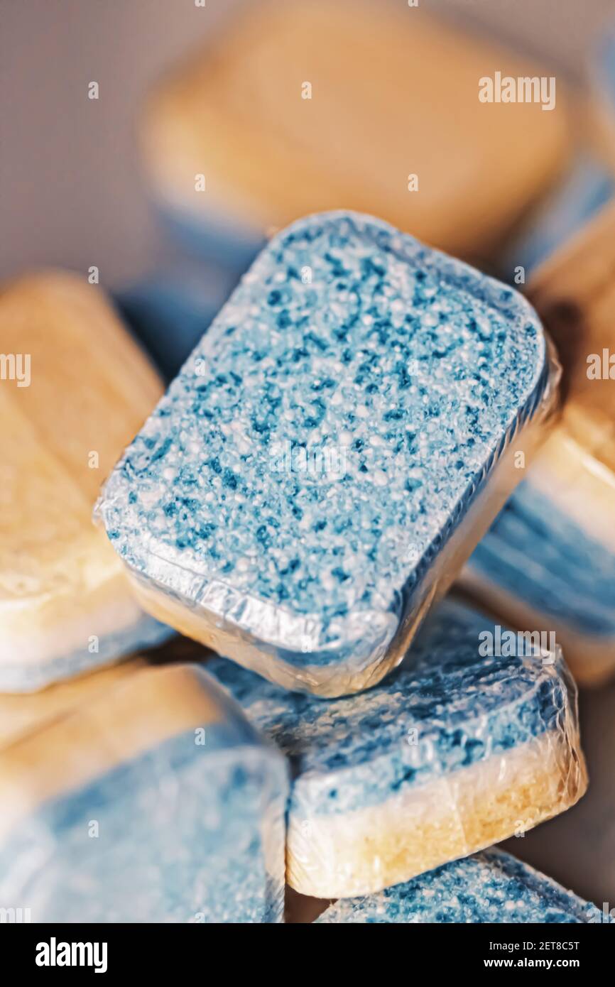 Dishwasher detergent tablets, household and cleaning product closeup ...