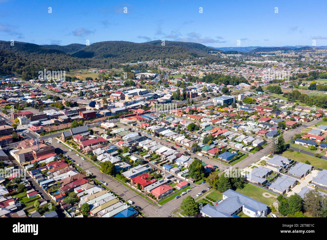 Aerial view of residential housing in the town of Lithgow in regional ...