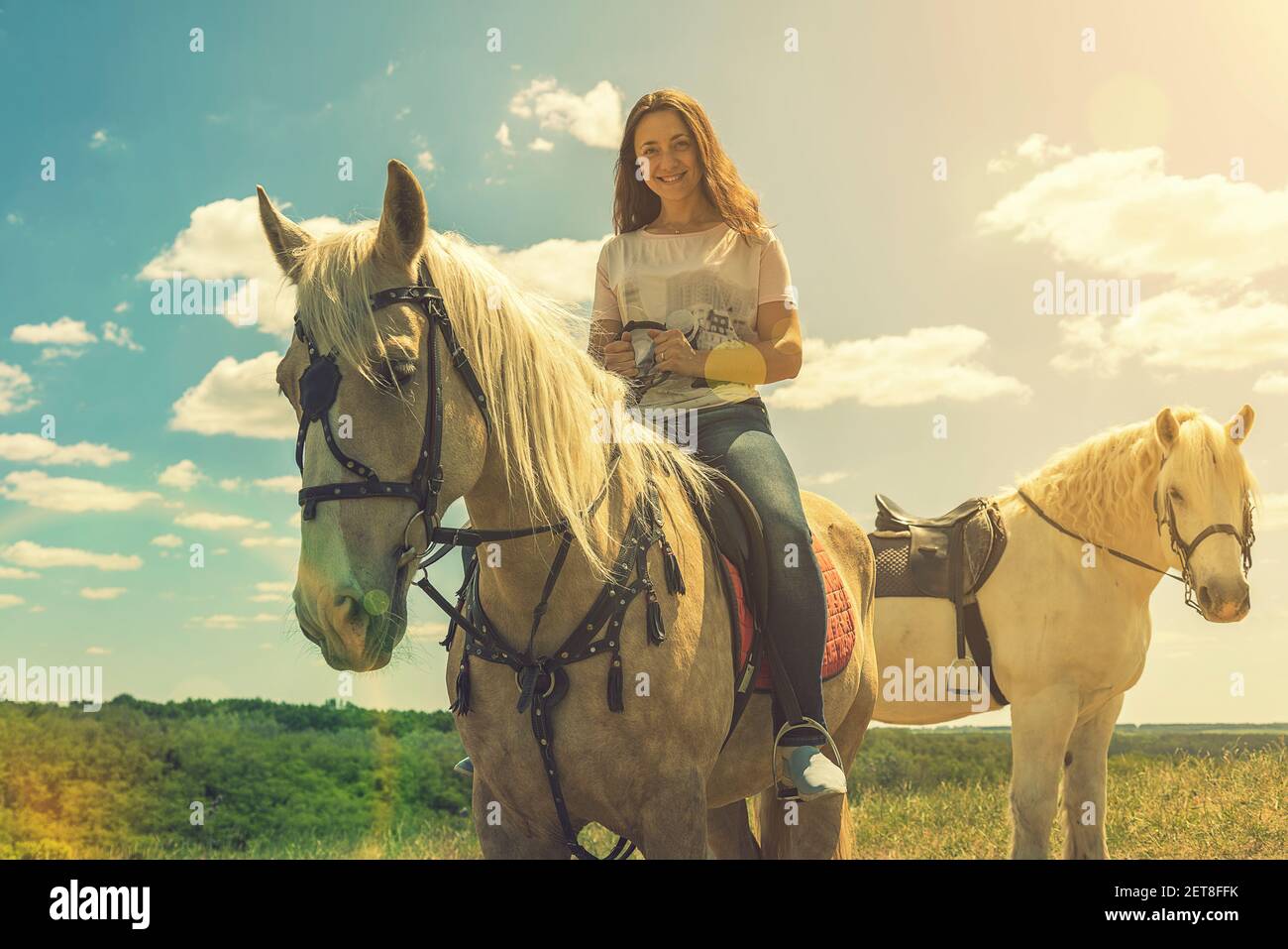 the rider on the white horse. Young horsewoman riding on white horse ...