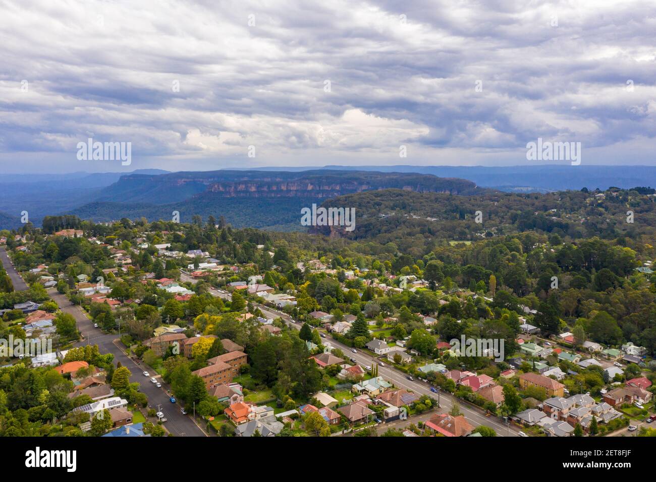 Aerial view of the Jamison Valley in Katoomba in The Blue Mountains in ...