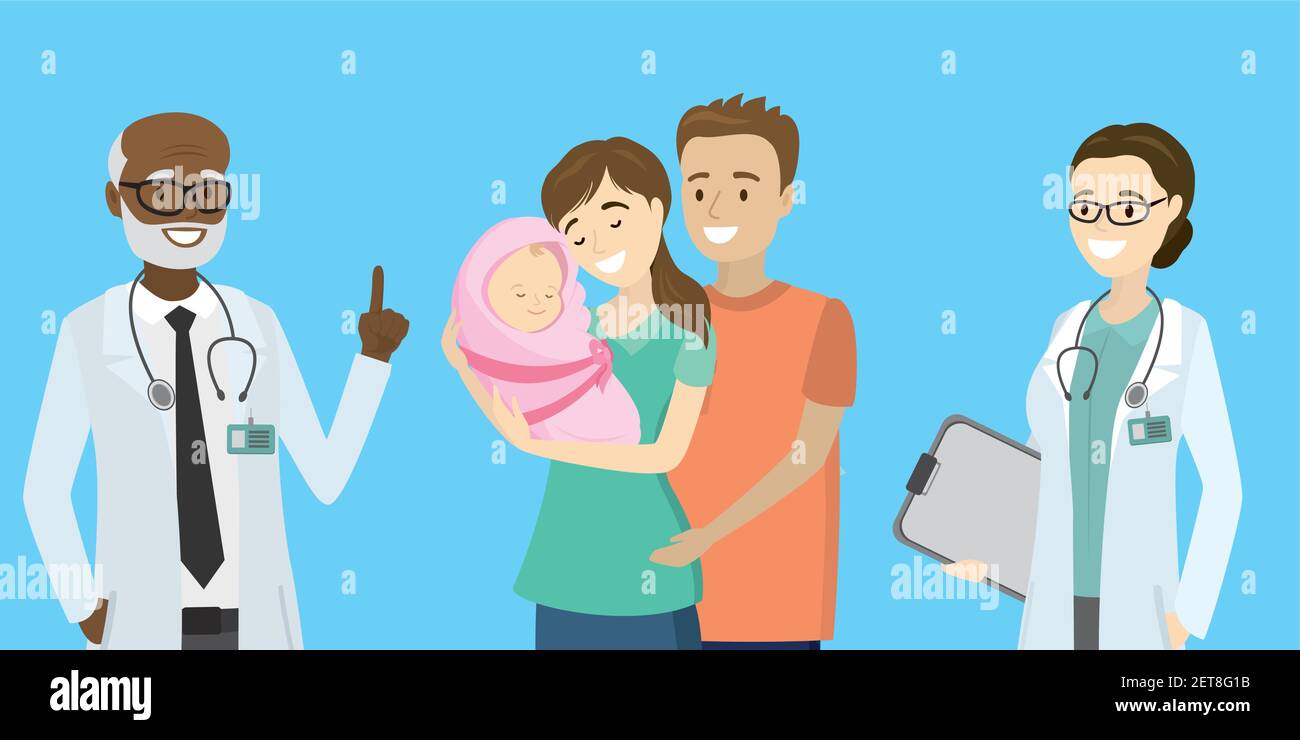 Beauty father and mother with newborn baby and happy doctors,postnatal ...