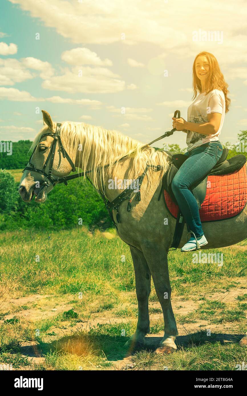 the rider on the white horse. Young horsewoman riding on white horse ...
