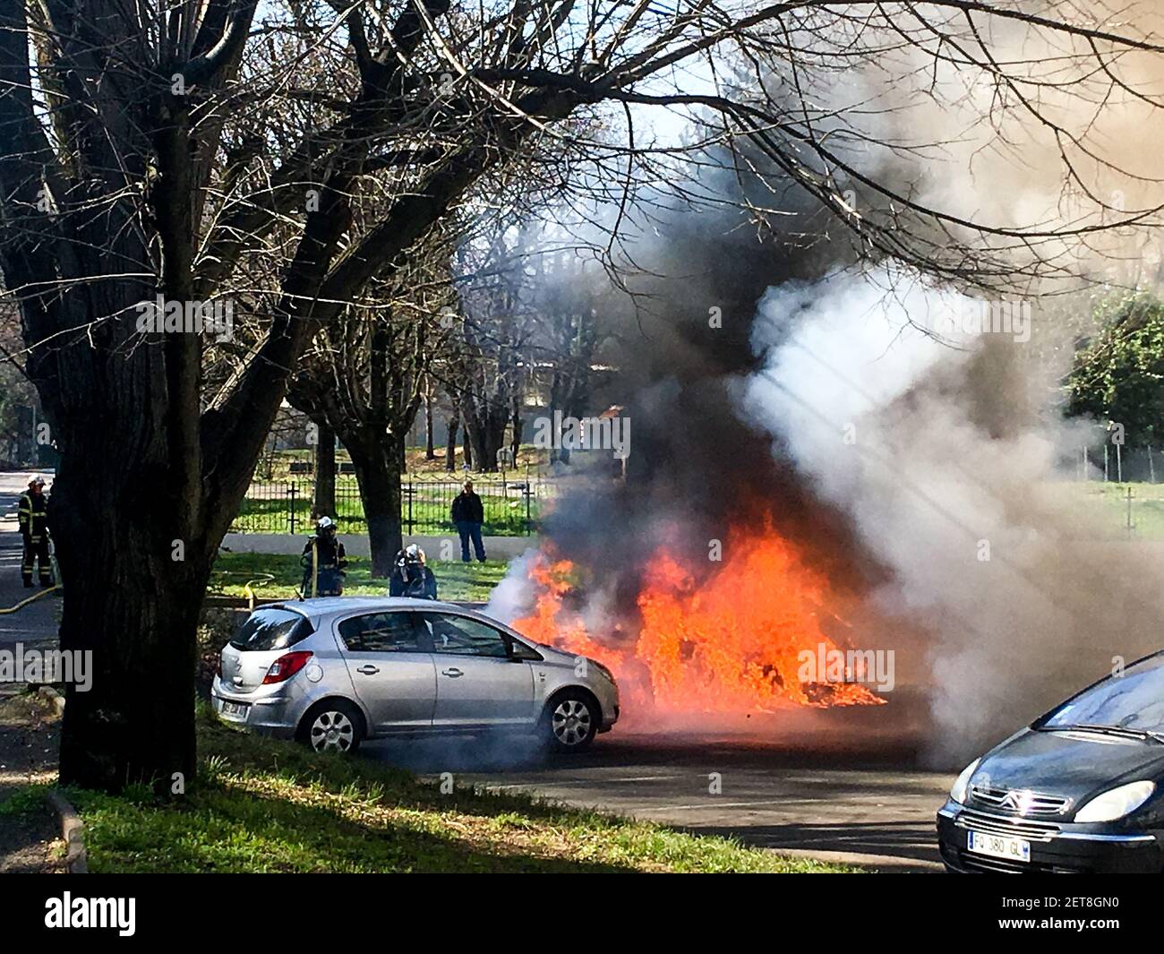 Burning car, Bron, France Stock Photo - Alamy