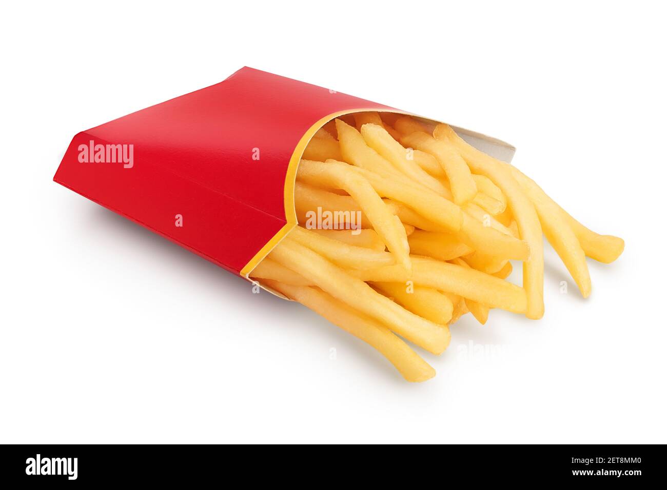 French fries or fried potatoes in a red carton box isolated on white ...