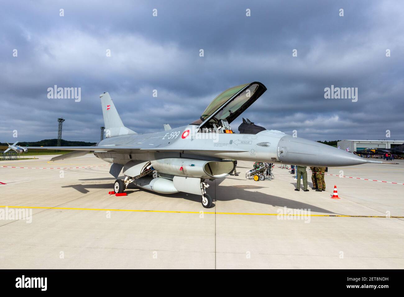 Royal Danish Air Force F-16 fighter jet on the tarmac of Laage AIr Base ...