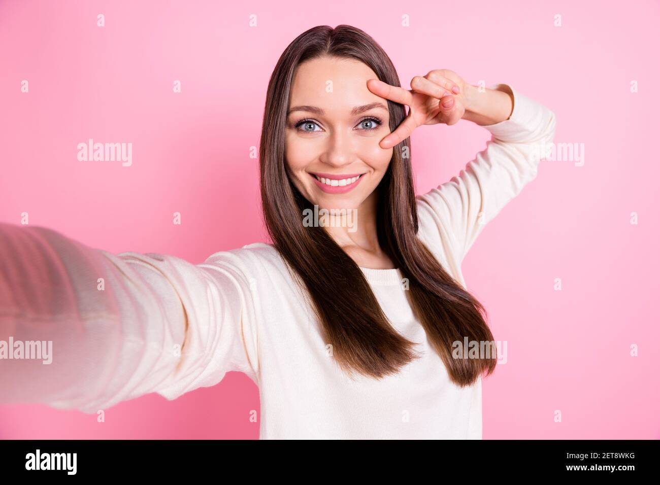 Portrait of charming positive person take selfie fingers show v-sign ...