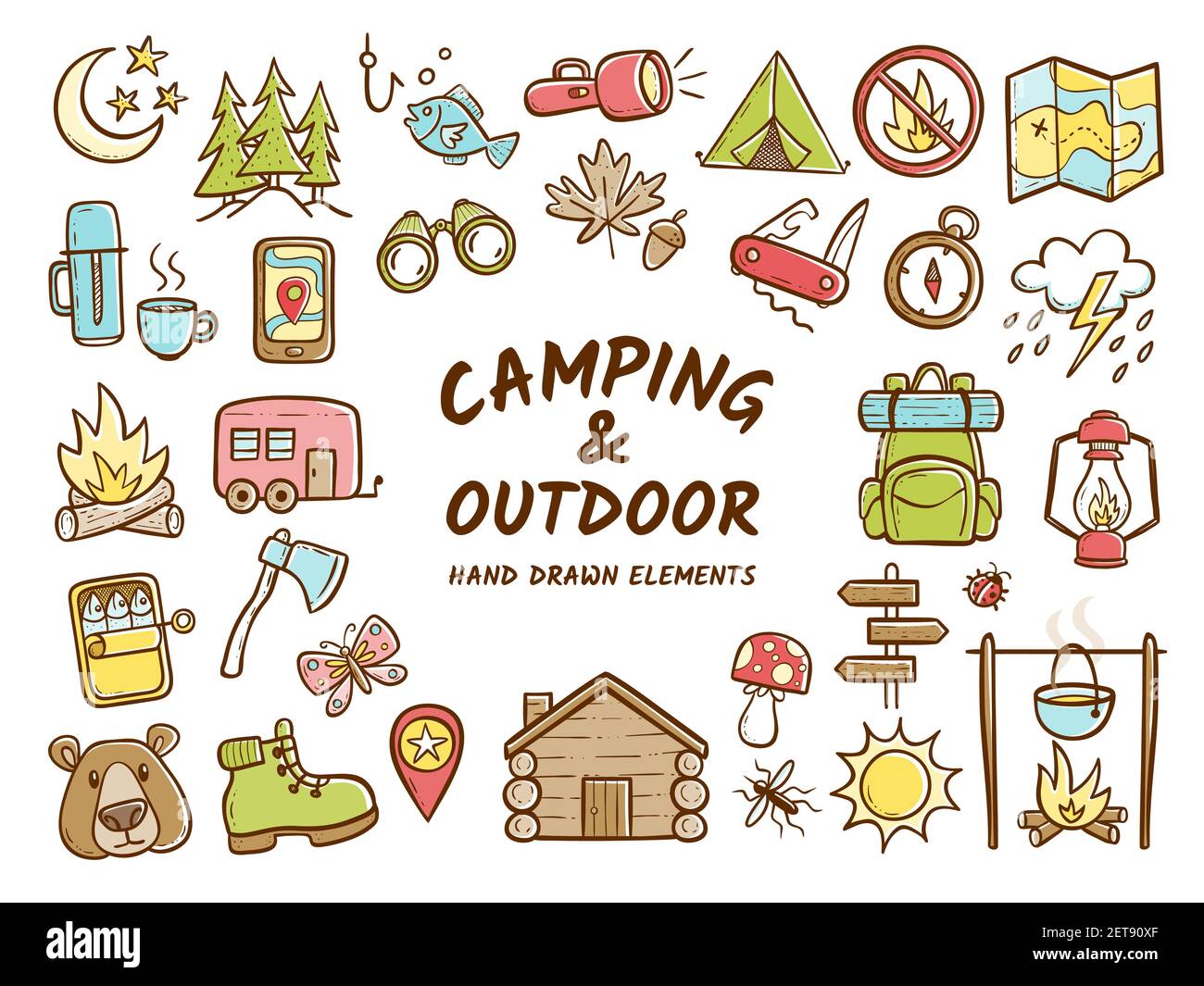 Hand drawn camping and outdoor recreation elements, isolated on white ...