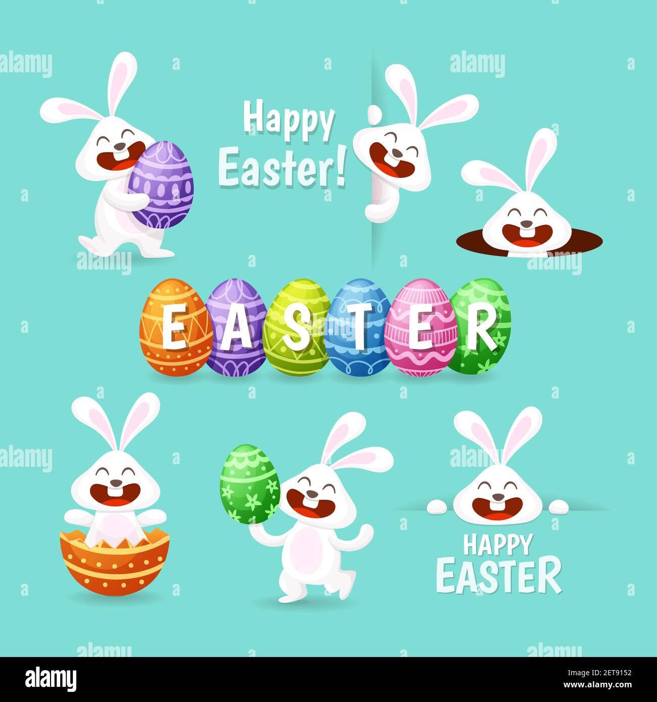 Cute easter bunny in different poses. Isolated vector illustration ...