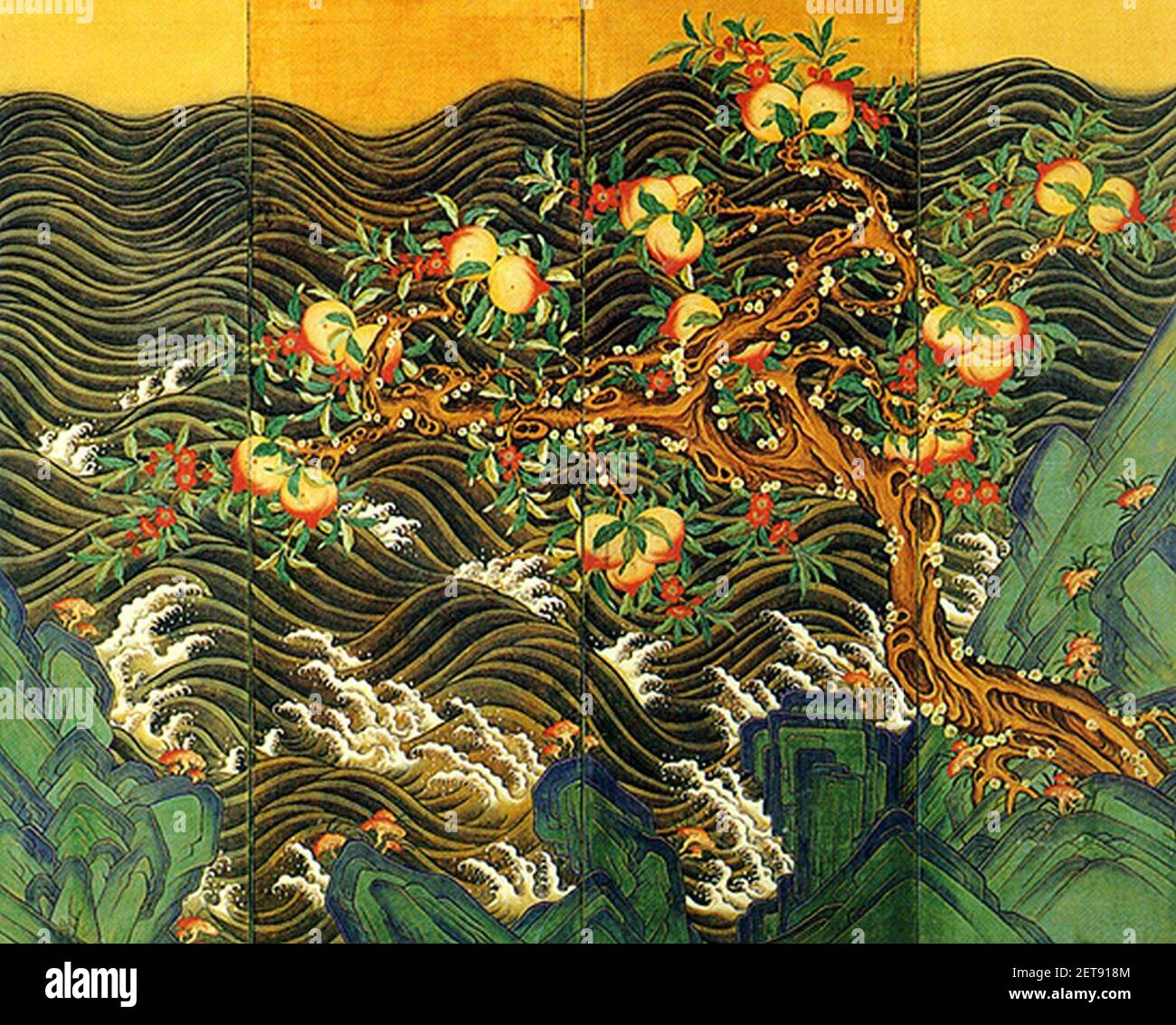 Peach tree in blossom with fruit, Eight-Fold Screen Painting of the Sun ...