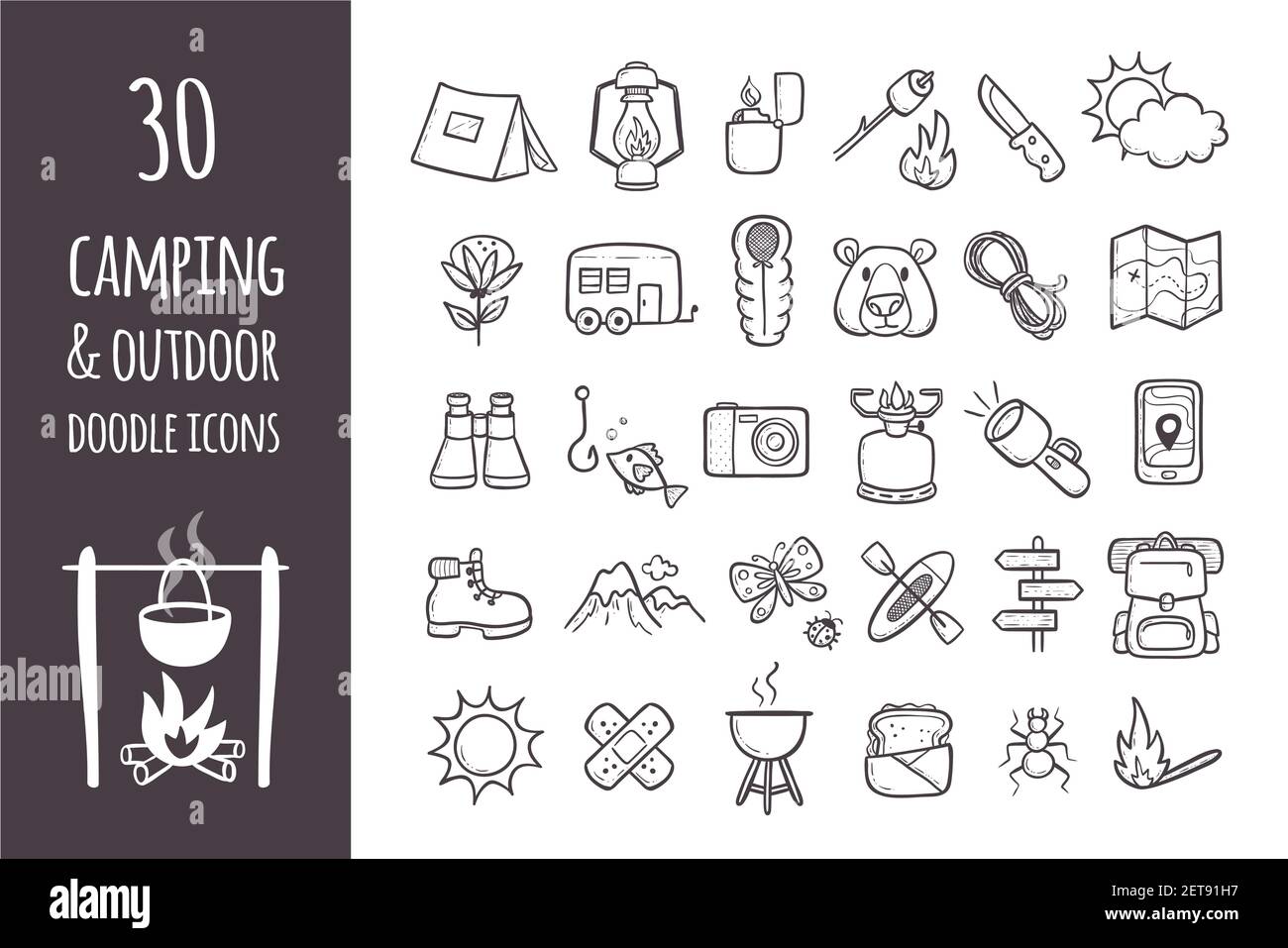 Camping and hiking equipment doodle icons set. Collection of 30 forest ...