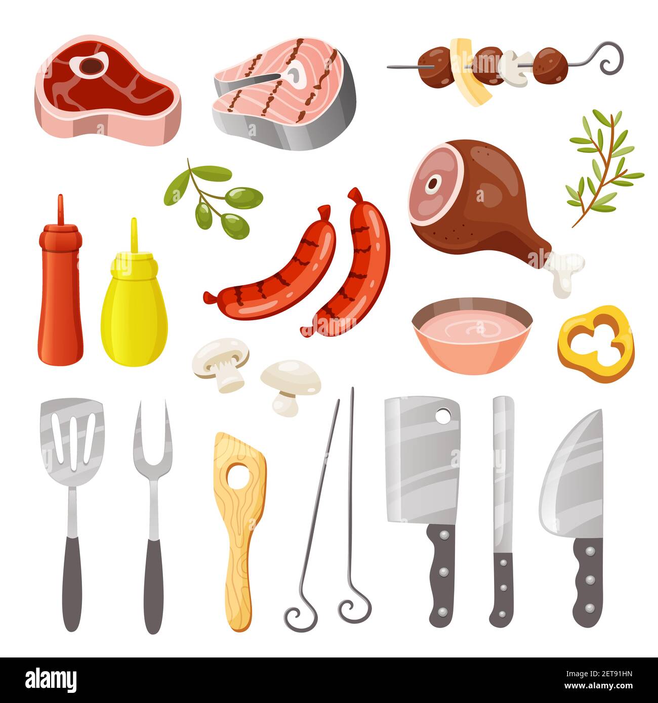 Summer barbecue party cartoon icons collection with grilled fish, meat ...