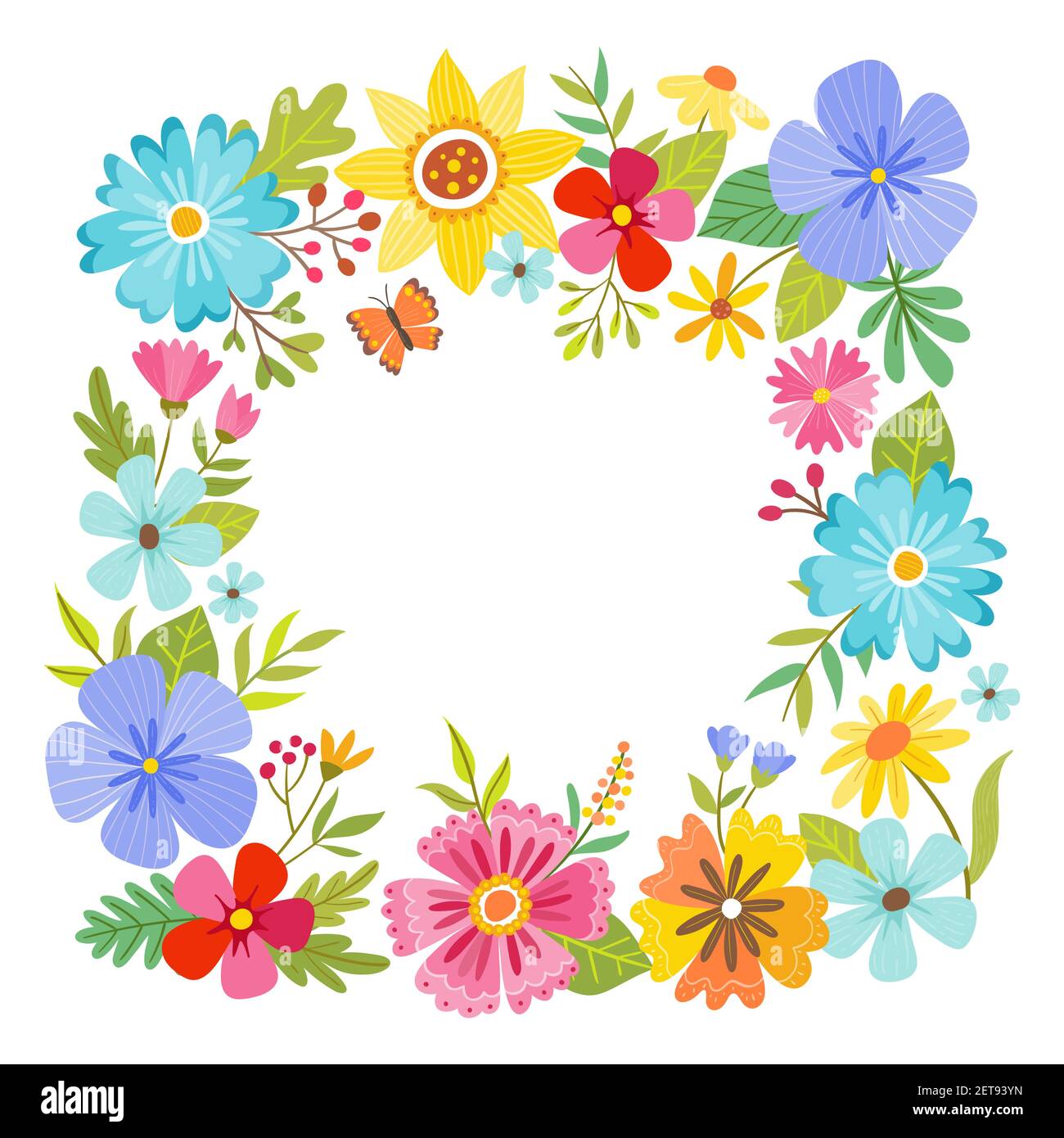Colorful floral frame design on white background. Blank space in the ...