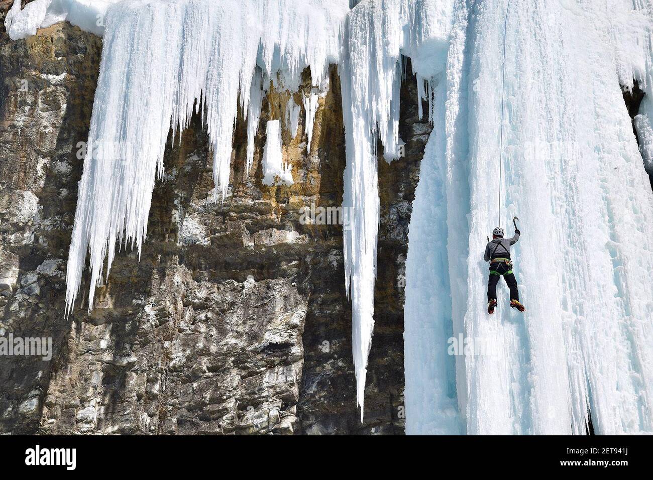 Maintaining a triangular body formation is key for novice ice climbers ...