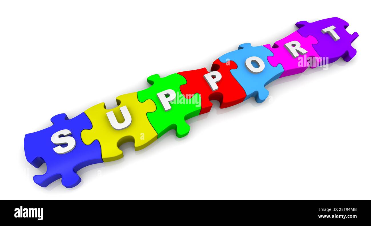 Support. The word SUPPORT is made up of multi-colored puzzles on white ...