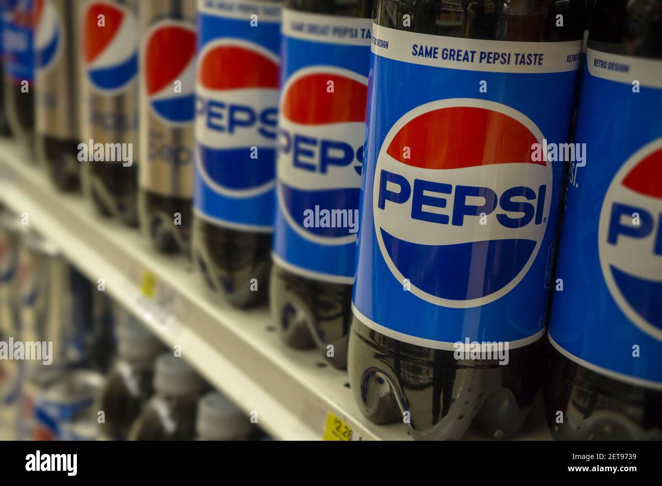 A display of bottles of Pepsi-Cola in a supermarket in New York on ...