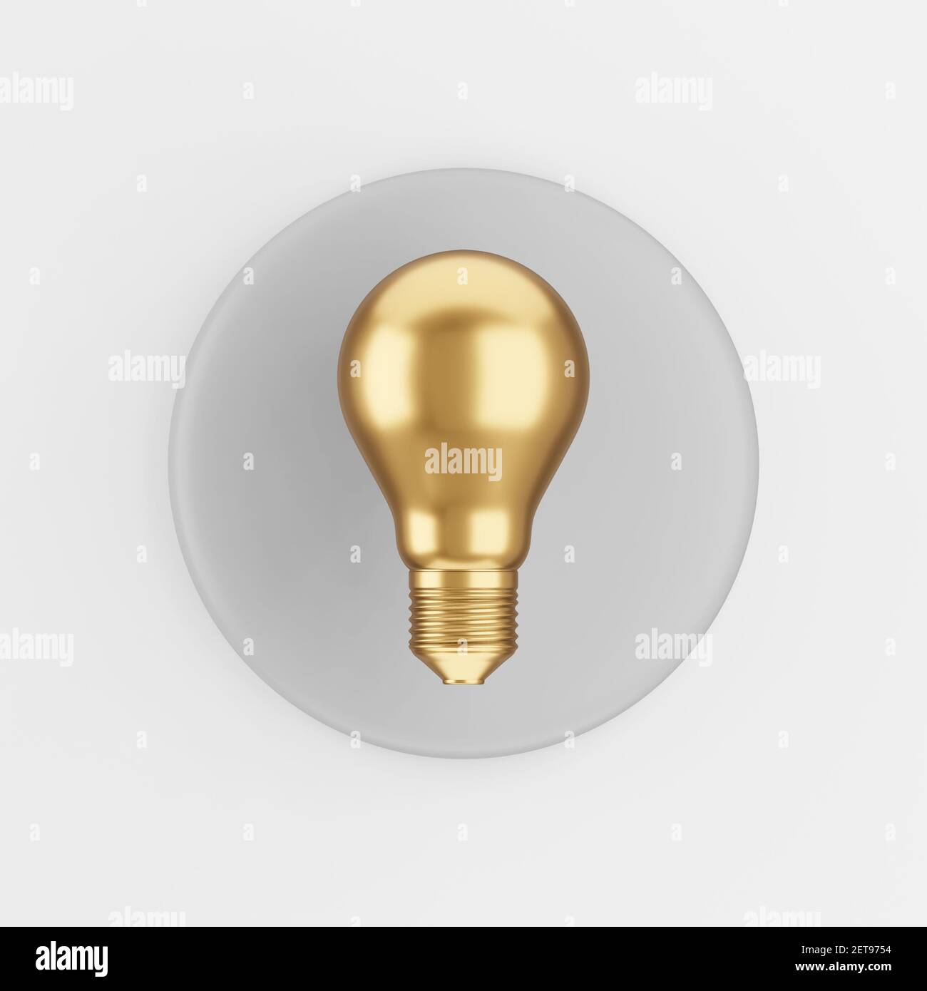 Realistic golden light bulb icon. 3d rendering gray round key button, interface ui ux element ...