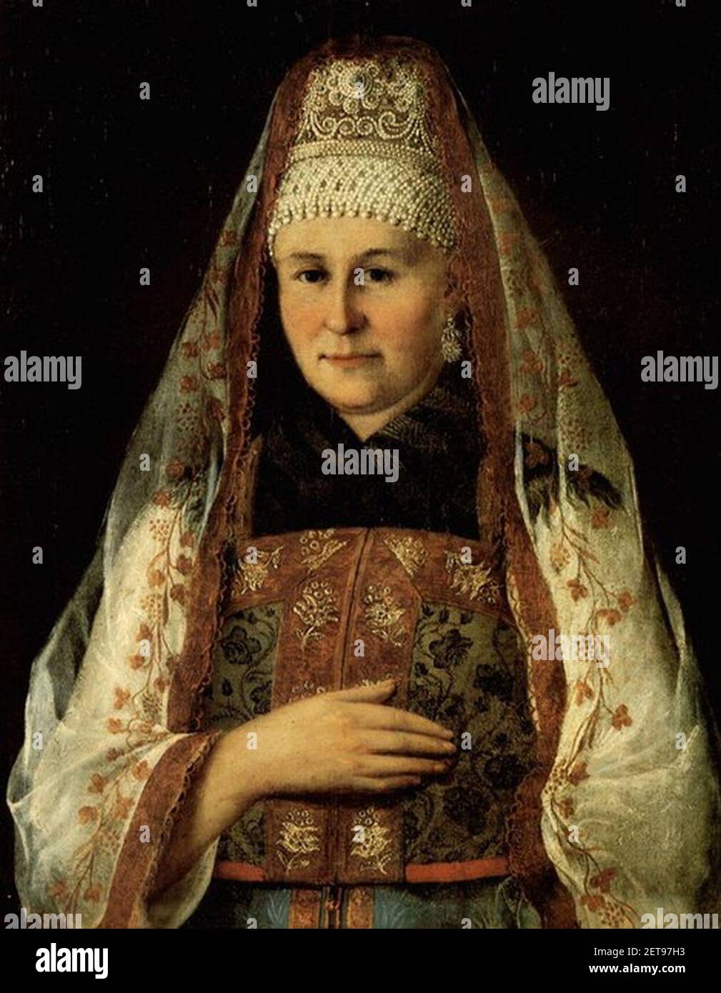 Peasant woman in head scarf with gold border by anonim (1850s Stock ...