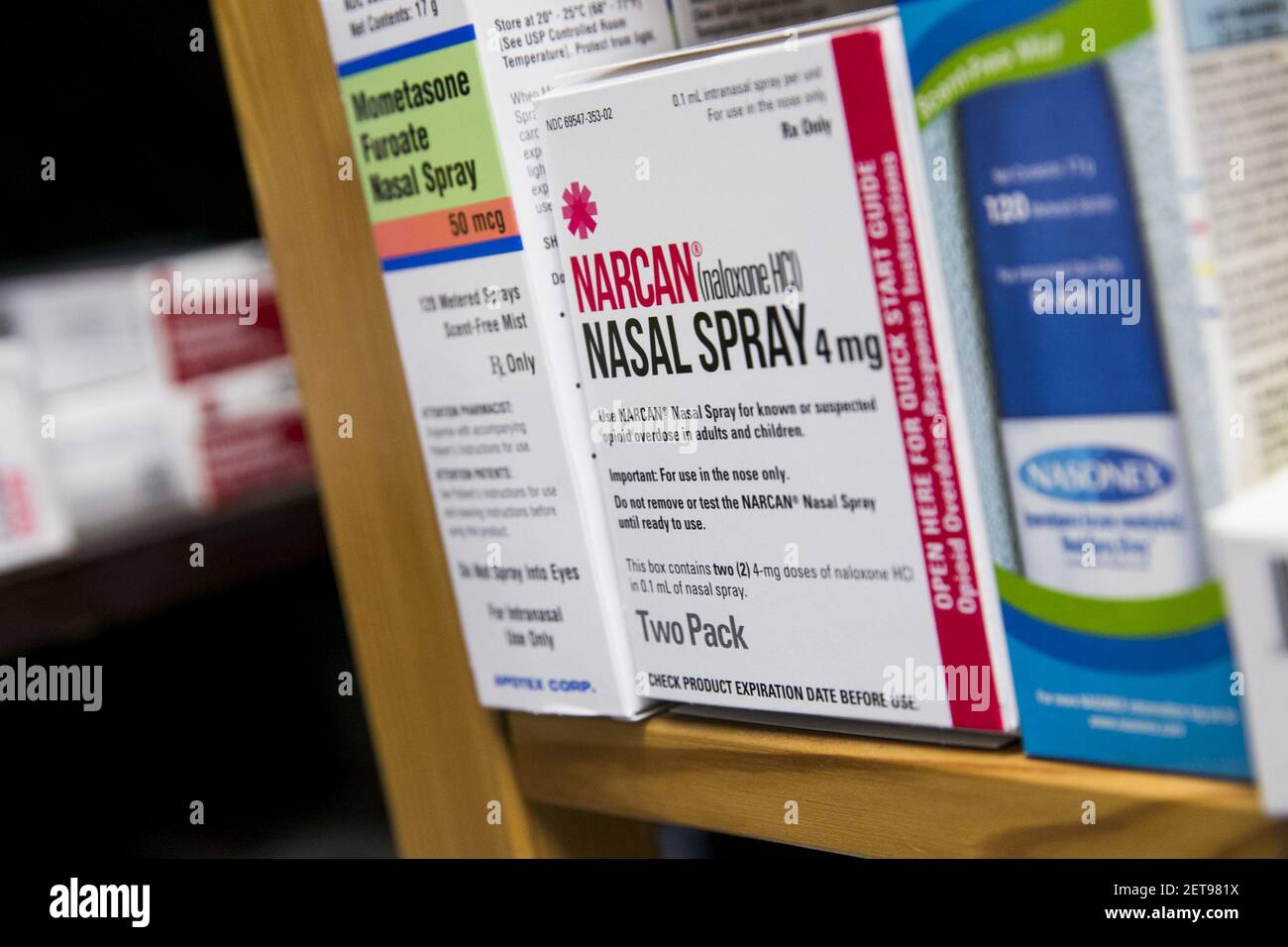 A package of Narcan (Naloxone) nasal spray opioid overdose reversal ...