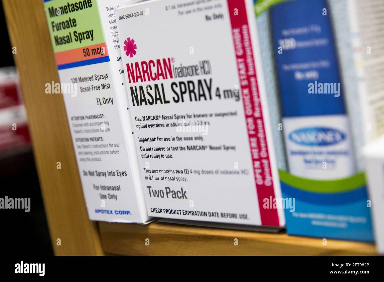 A package of Narcan (Naloxone) nasal spray opioid overdose reversal ...