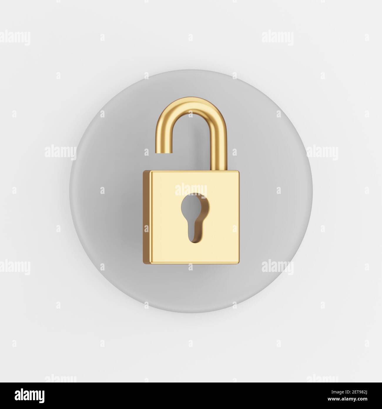 Golden open padlock icon. 3d rendering gray round key button, interface ui ux element Stock ...