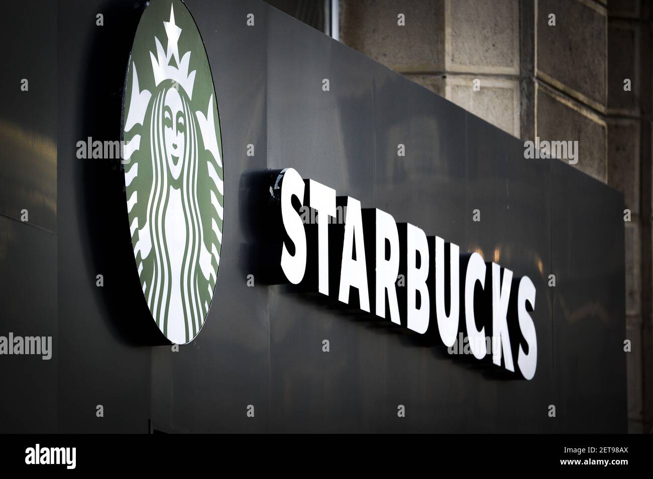 The Starbucks logo is seen in central Bucharest, Romania on October 9 ...