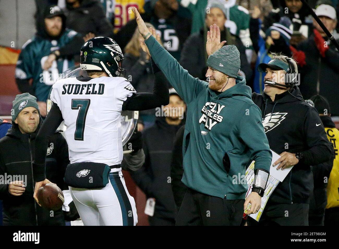 Carson Wentz (center) and Doug Pederson celebrate Nate Sudfeld's first ...