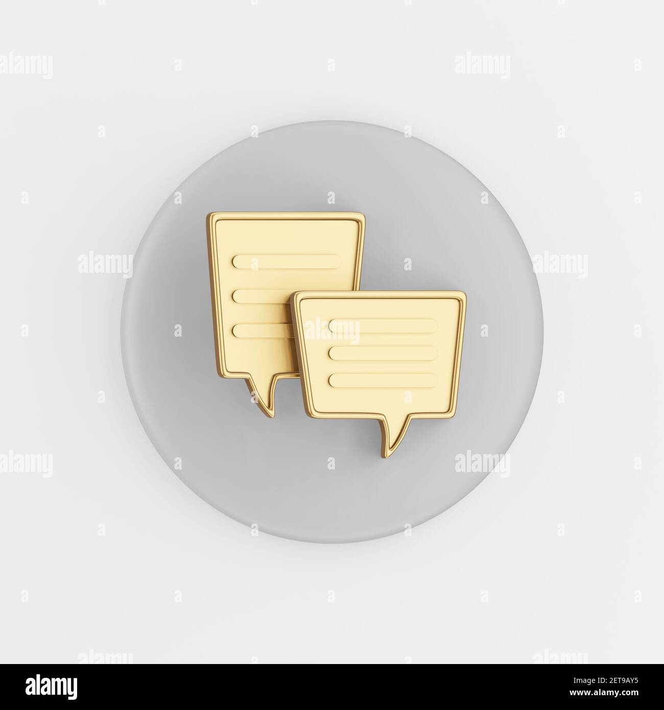 Gold square speech balloons icon. 3d rendering gray round key button, interface ui ux element ...