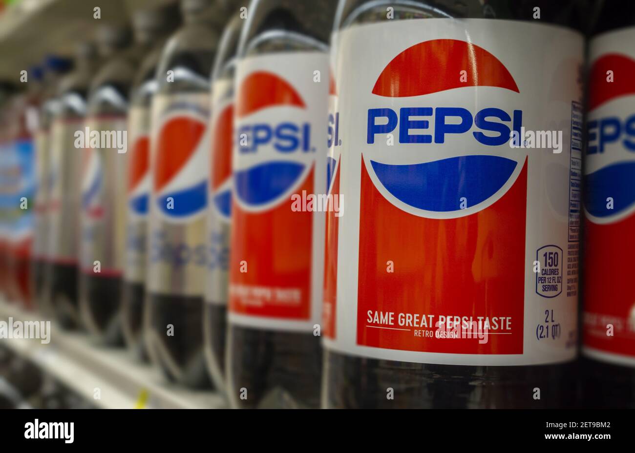 A display of bottles of Pepsi-Cola in a supermarket in New York on ...