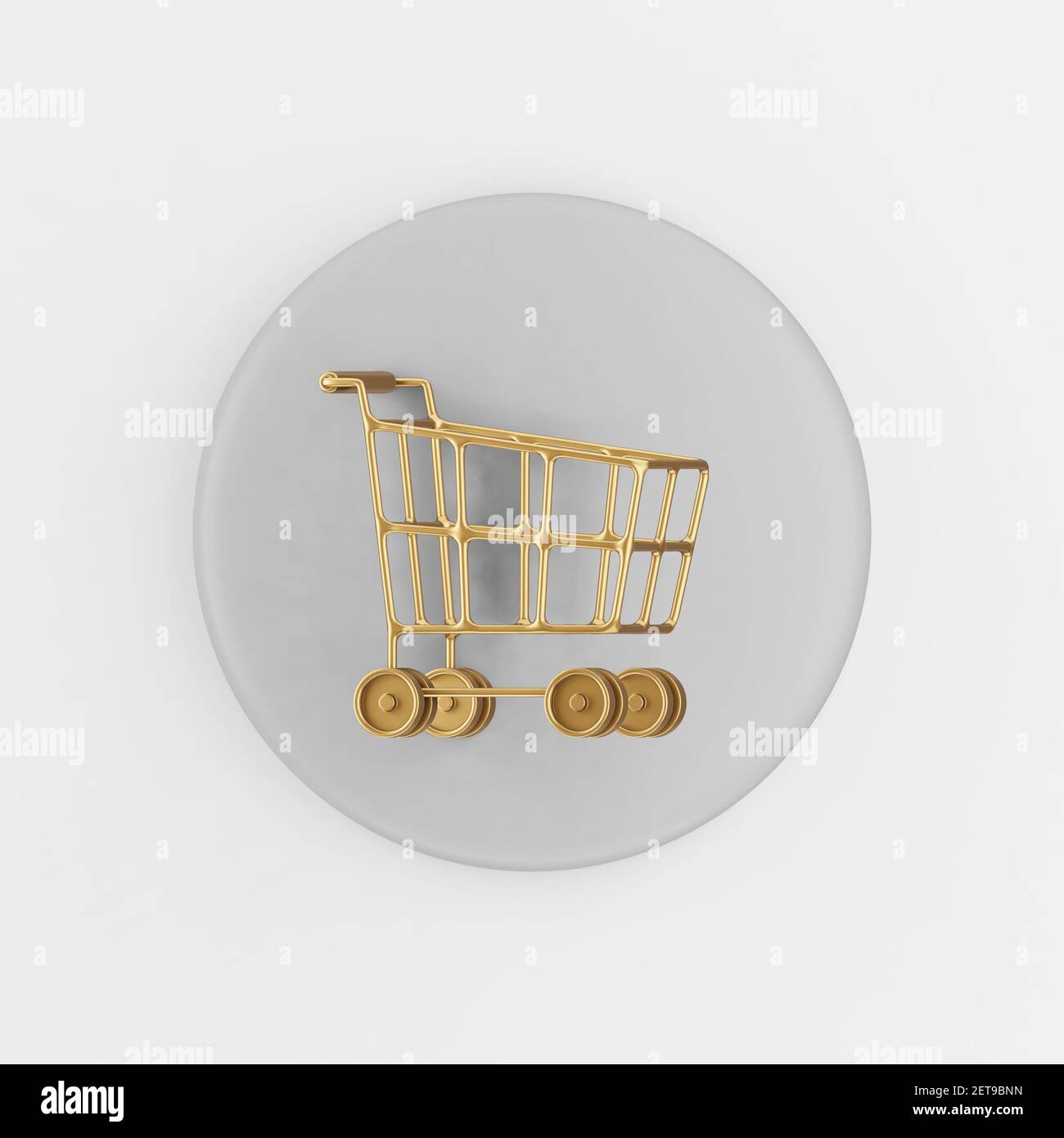 Golden shopping cart on wheels icon. 3d rendering gray round key button ...