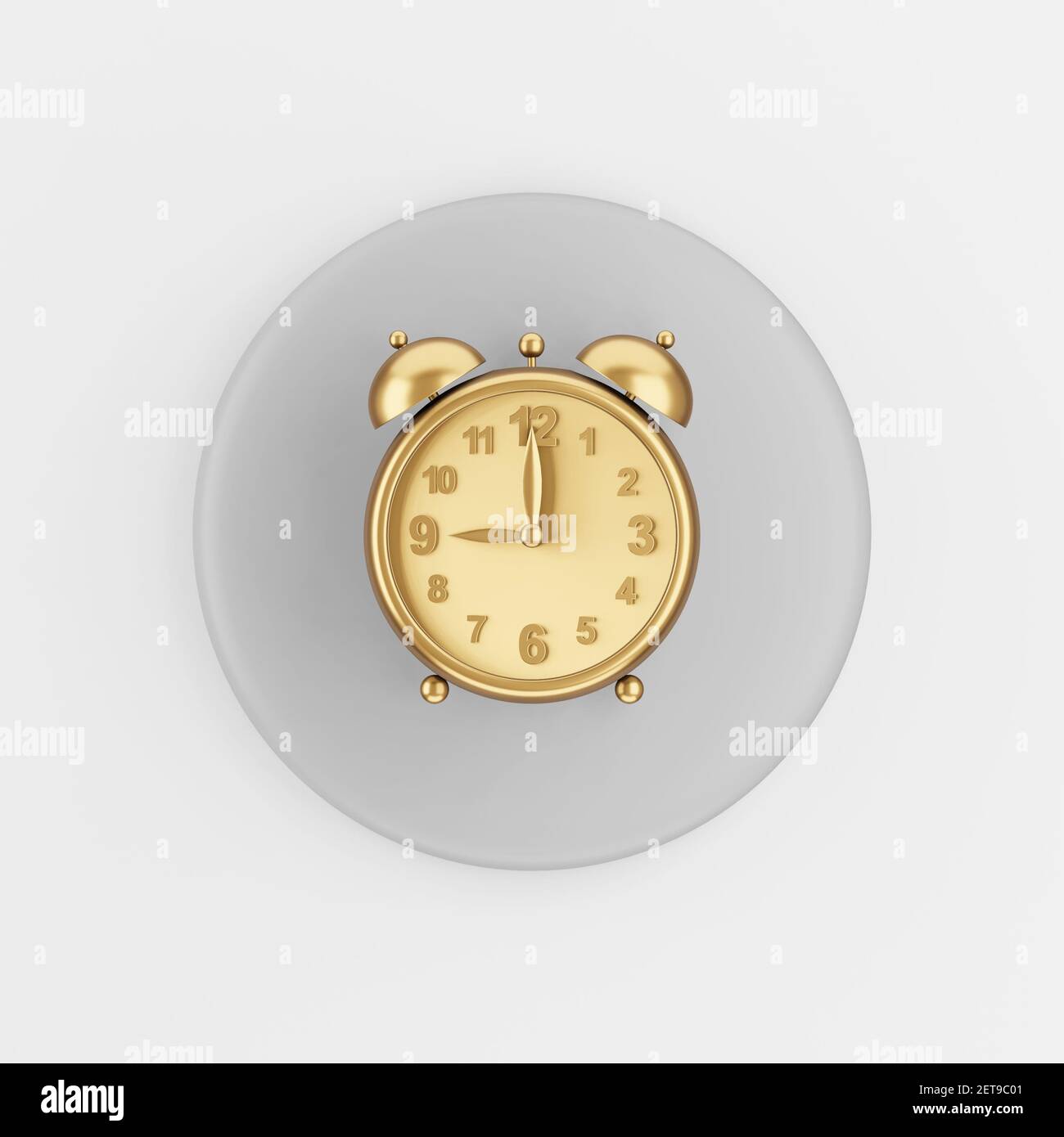 Golden vintage alarm clock icon. 3d rendering gray round key button, interface ui ux element ...