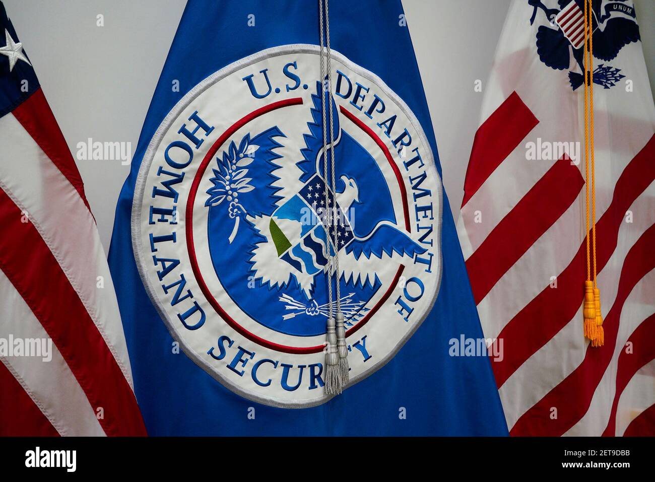 The Department of Homeland Security flag on display before DHS Secretary Kirstjen M. Nielsen ...