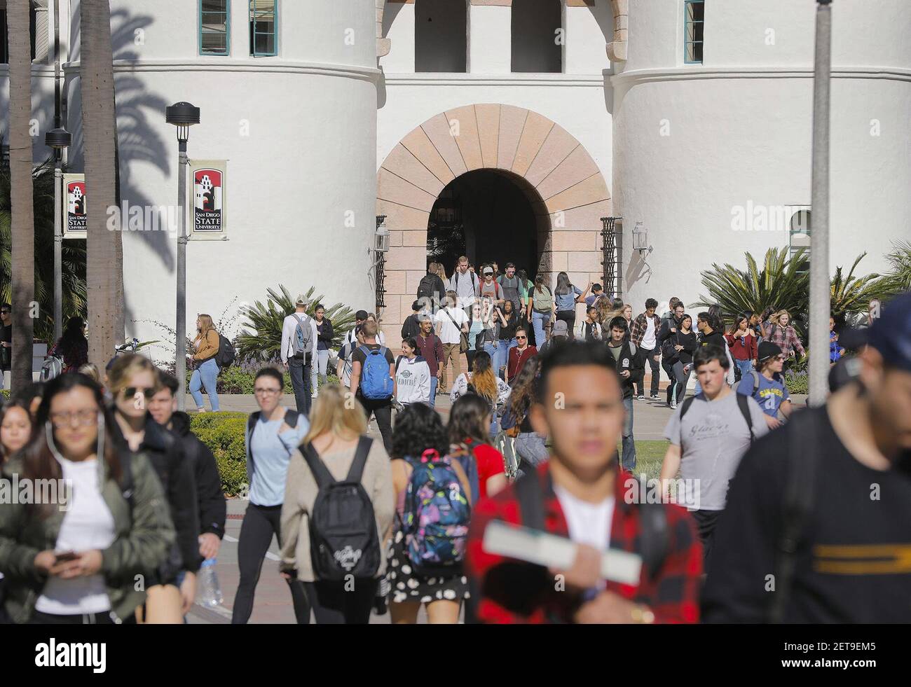 Students leave Hepner Hall and other buildings on the campus of San ...