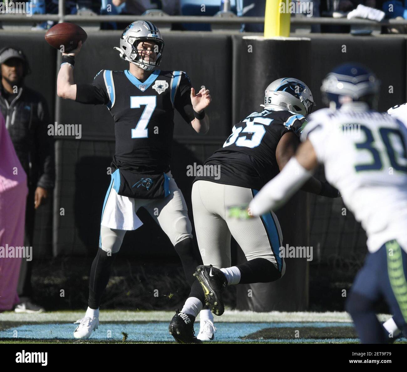 Carolina Panthers quarterback Kyle Allen (7) looks to pass against the ...