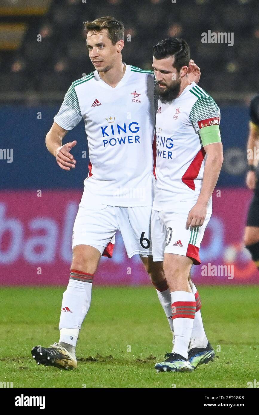 OHL's Xavier Mercier celebrates after scoring during a soccer match ...