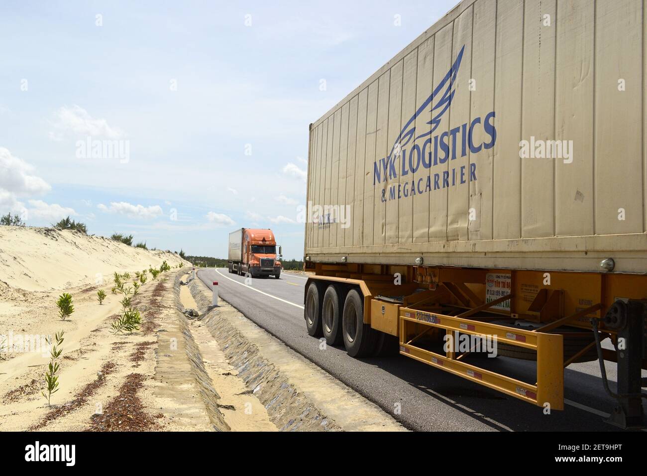 Vinh, Vietnam - September, 2015: Freightliner trucks with heavy ...